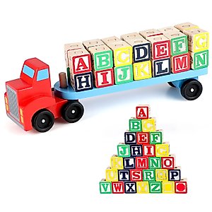 Wooden Alphabet Blocks Truck Wooden Building Blocks Car for Toddlers 28 pcs Stacking Blocks and A Truck Montessori Preschool Learning Toys for Toddlers