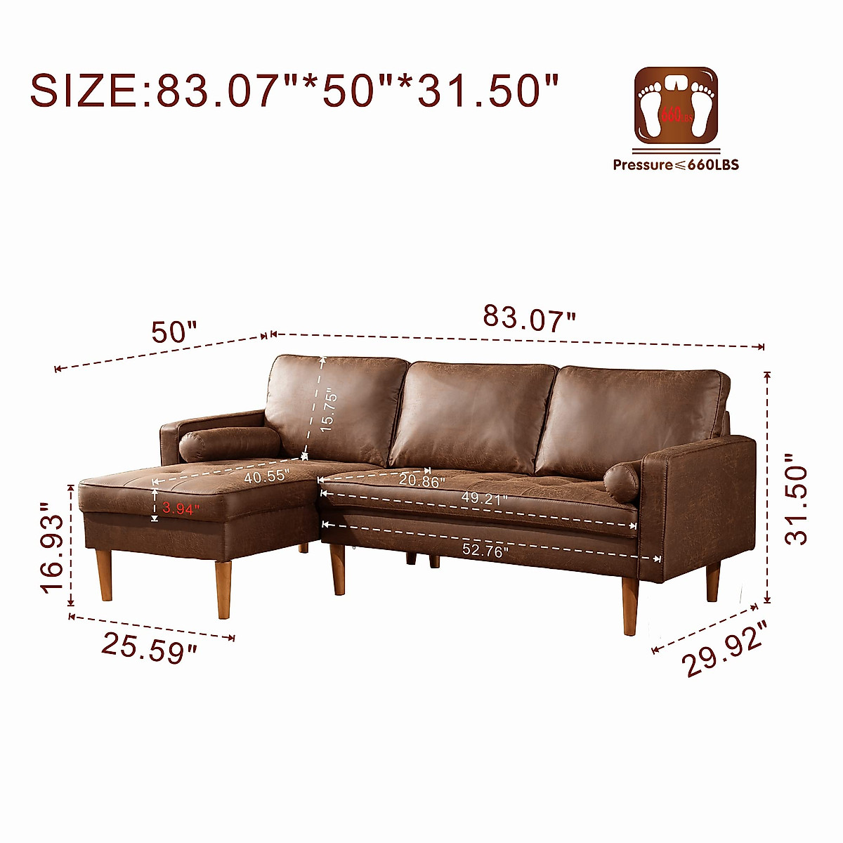XIZZI Convertible Sectional Sofa Couch L Shaped Sofa 3-Seat Couch with Reversible Chaise for Living Room,L Shaped 83 inches Dark Brown
