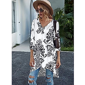 Naggoo Womens 3/4 Sleeve V Neck Button Casual Loose Flowy Swing Tunic Tops Basic Tee Shirts for Leggings L White