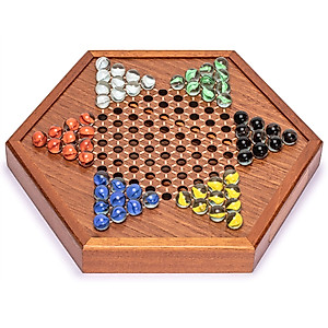 Wooden Chinese Checkers Halma Board Game Set - 12.7 Inches - with Drawers and Glass Marbles - Made by Yellow Mountain Imports