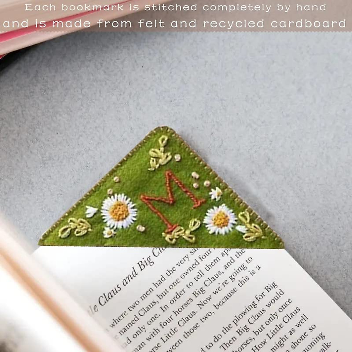 Personalized Hand Embroidered Corner Bookmark，Hand Stitched Felt Corner Bookmark,Cute Flower Letter Embroidery Bookmarks for Book Reading Lovers Meaningful Gift（4 PCS）