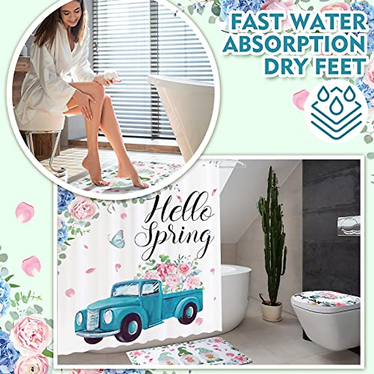 4 Pieces Hello Spring Truck Floral Shower Curtain Sets with Non Slip Rug Butterfly Bathroom Shower Curtain Spring Gnome Bath U Shaped Mat Toilet Lid Cover Waterproof Spring Bathroom Set with Hooks