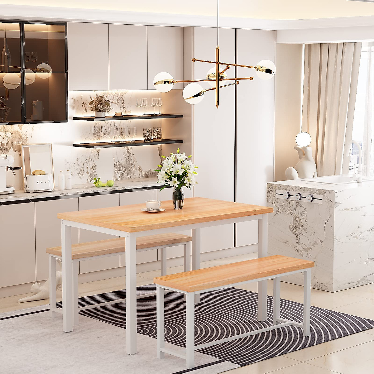 MOOSENG Kitchen Table Benches, 4-6 Person Space Saving Small Dining Sets Metal Frame and MDF Board for Breakfast Nook, Living Room, Apartment, Beige