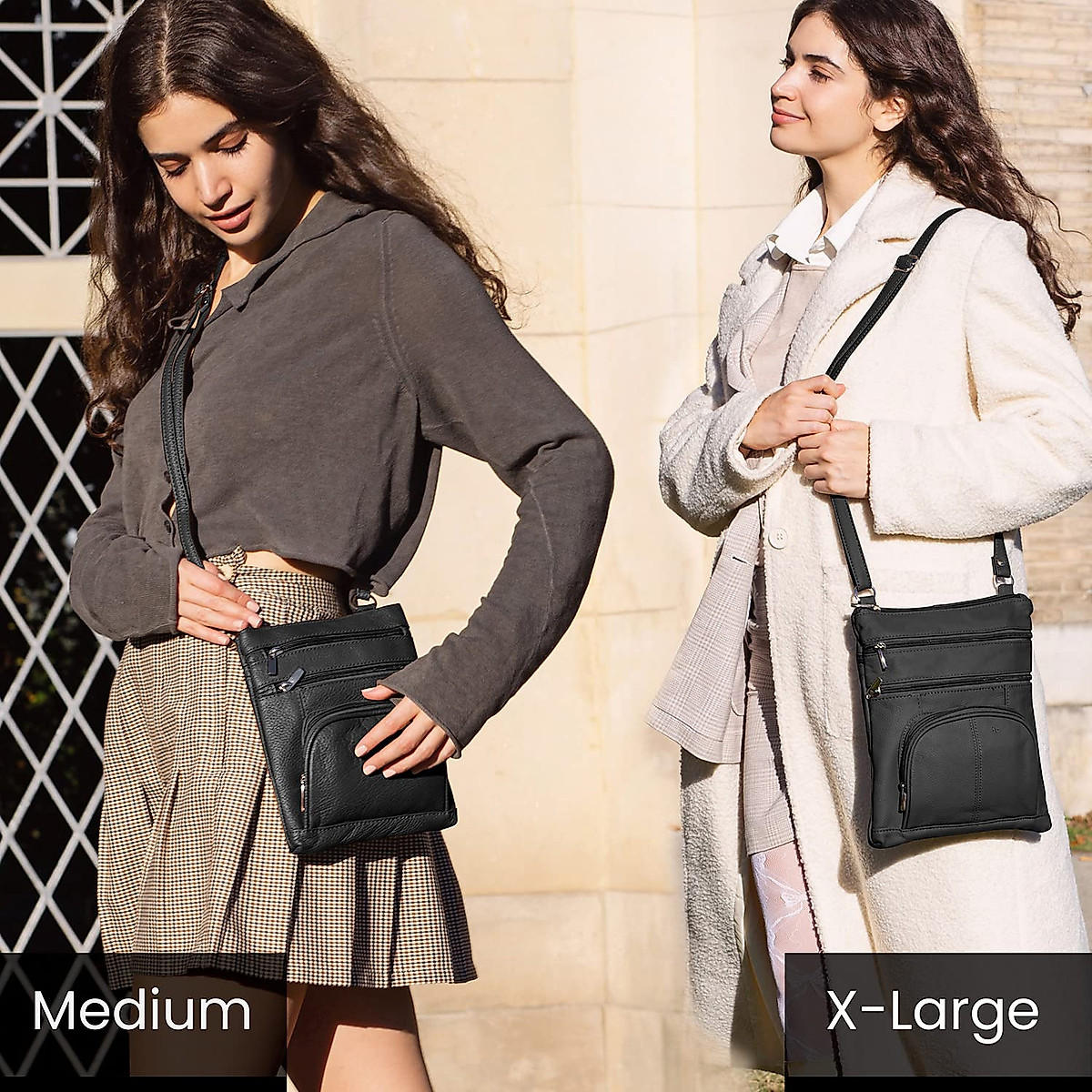 TOVOSO Crossbody Bag for Women, Genuine Leather Multi-Pocket Purse with Adjustable Strap, RFID Protection, Built-In Wallet, Medium, Black