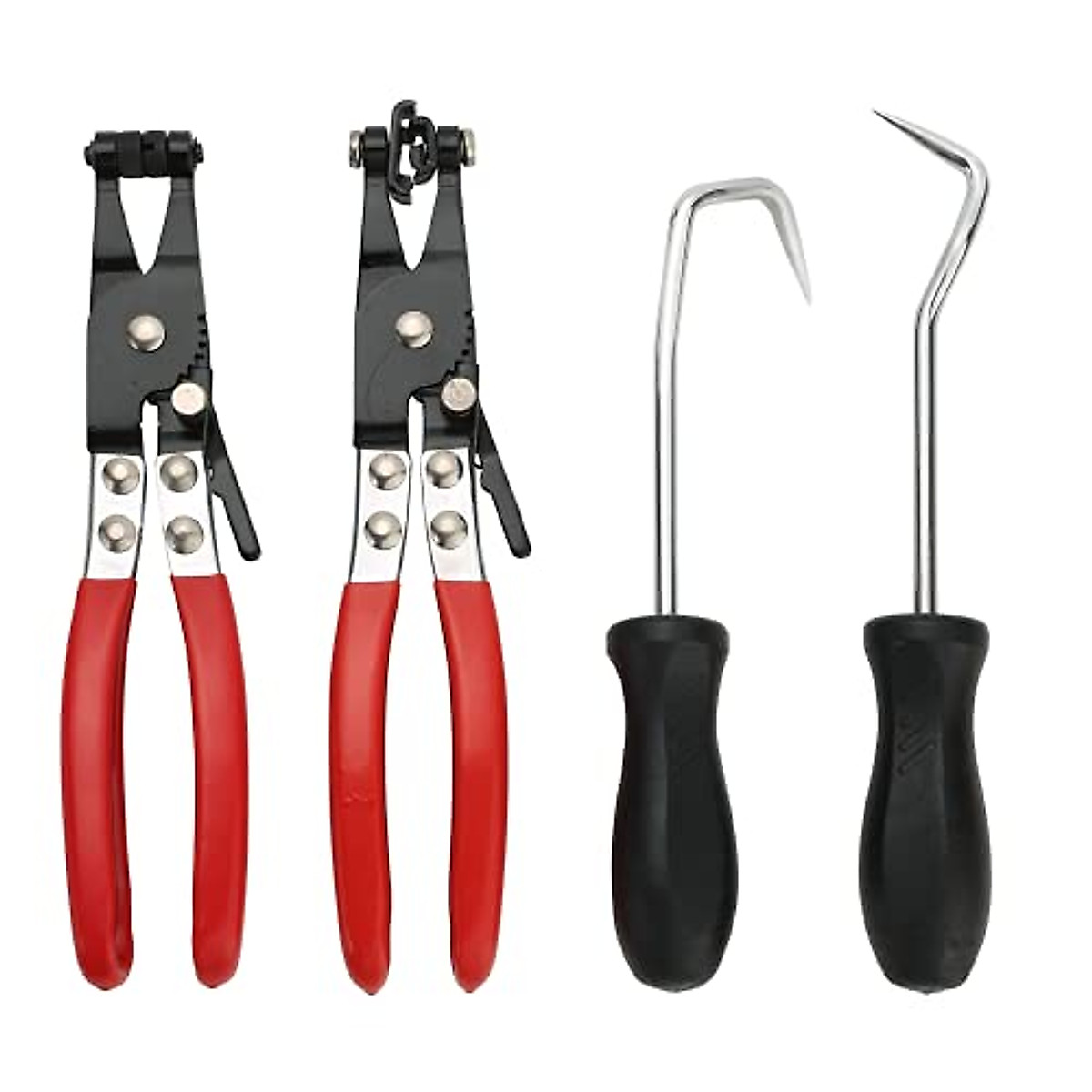 DASBET Hose Clamp Pliers Kit, 2pcs Cross Slotted and Flat Band Hose Clamp Pliers Repair Tools, 2Pcs Hose Removal Hooks, 4Pcs Hose Clamp Pliers Set