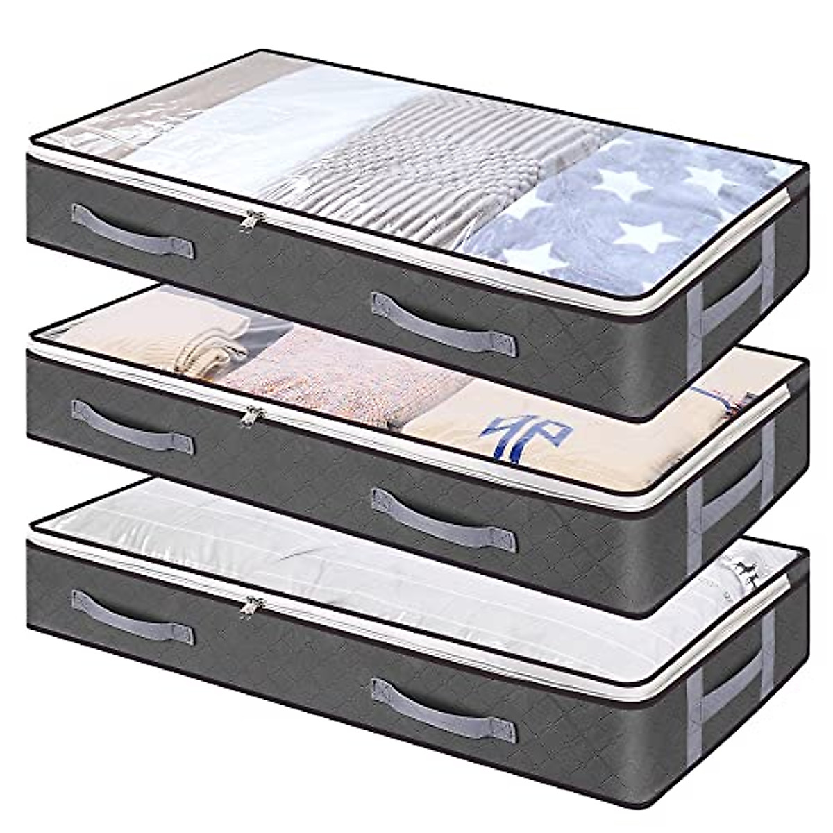 Vieshful 3 Pack Underbed Storage Bags 75L Foldable Clothes Bag Large Capacity Storage Containers with Clear Window Reinforced Handles Zippered Organizer Non-Woven for Comforters Blankets Bedding