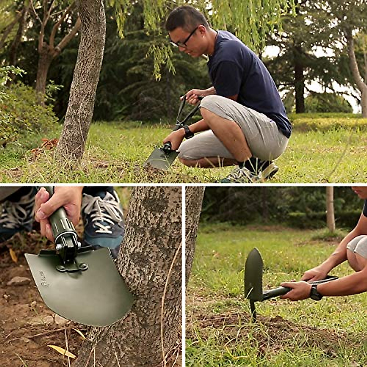 REDCAMP Military Folding Camping Shovel，High Carbon Steel Entrenching Tool Tri-fold Handle Shovel with Cover，Green 2.5lbs