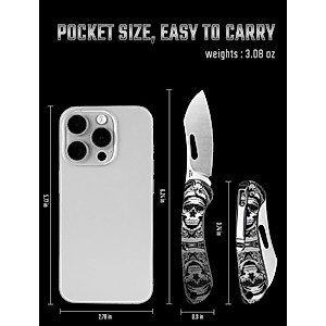 MecArmy EK3R EDC Pocket Folding Knife, Swedish SANDVIK 12C27 Steel Blade Hollowed-out Drop Blade Design, Stainless Steel Handle Pocket Clip, Outdoor Portable Camping Hiking Knife(Skull)