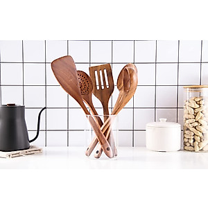 Wooden Spoons for Cooking, Cooking Utensils Set of 6 Natural Wooden Cooking Spatulas with Utensils Holder Comfort Grip Wooden Kitchen Utensils for Nonstick Cookware