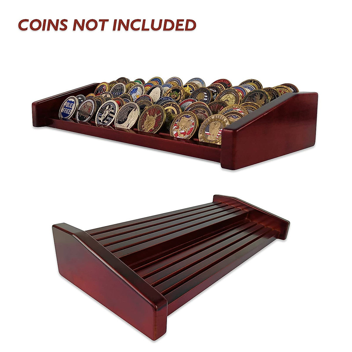 ASmileIndeep 8 Rows Military Challenge Coin Display Stand - Holds 60-70 Coins, Solid Wood Army Police Coin Rack Display Holder for Desktop, Mahogany