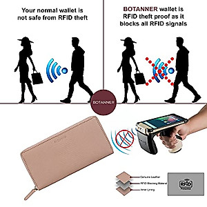 BOTANNER Genuine Leather Womens Zip Around Wallet RFID Blocking 8 Credit Card Slots 2 Bill Sections Zip Section for Coins 2 Slip pockets | Gift for Her (Pink)