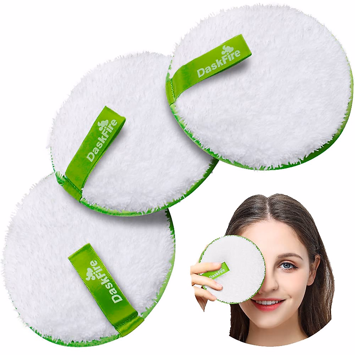 DaskFire Reusable Makeup Remover Pads, Facial Make Up Removal Wipes, Washable Face Cleaning Cloths, Hypoallergenic for Mascara, Eye Shadow, Lipstick, Foundation -3 pcs, 4.5" Dia