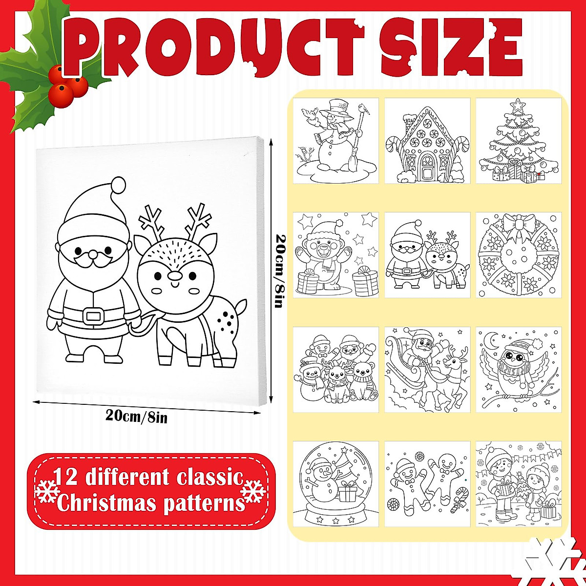 Yeaqee 12 Pcs Christmas Pre Drawn Canvas Painting Stretched Cartoon Canvas 8 x 8 Inch Christmas Trees Santa Snowman Nativity DIY Art for Boy Girl Adult Craft Party Birthday Gift(Classical)