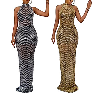 PORRCEY Women's Sexy Hot Drilling Craft Dress Bodycon Party Club Night Out Dress(5259,Gold,S)