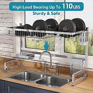 romision Over The Sink Dish Drying Rack, 2-Tier Adjustable Length(33.5-36.2in) Stainless Steel Dish Rack Over Sink, Expandable Large Dish Drainer for Kitchen Counter with 8 Hooks, Sliver