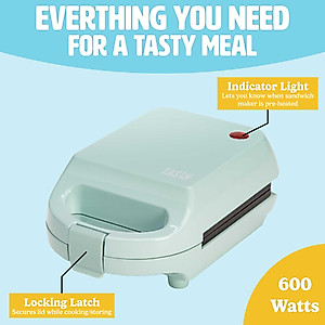 Tasty Mini Sandwich Maker, Makes Sandwiches, Paninis, Grilled Cheese, Desserts, Quick Results, Easy Cleanup, 600W, Aqua