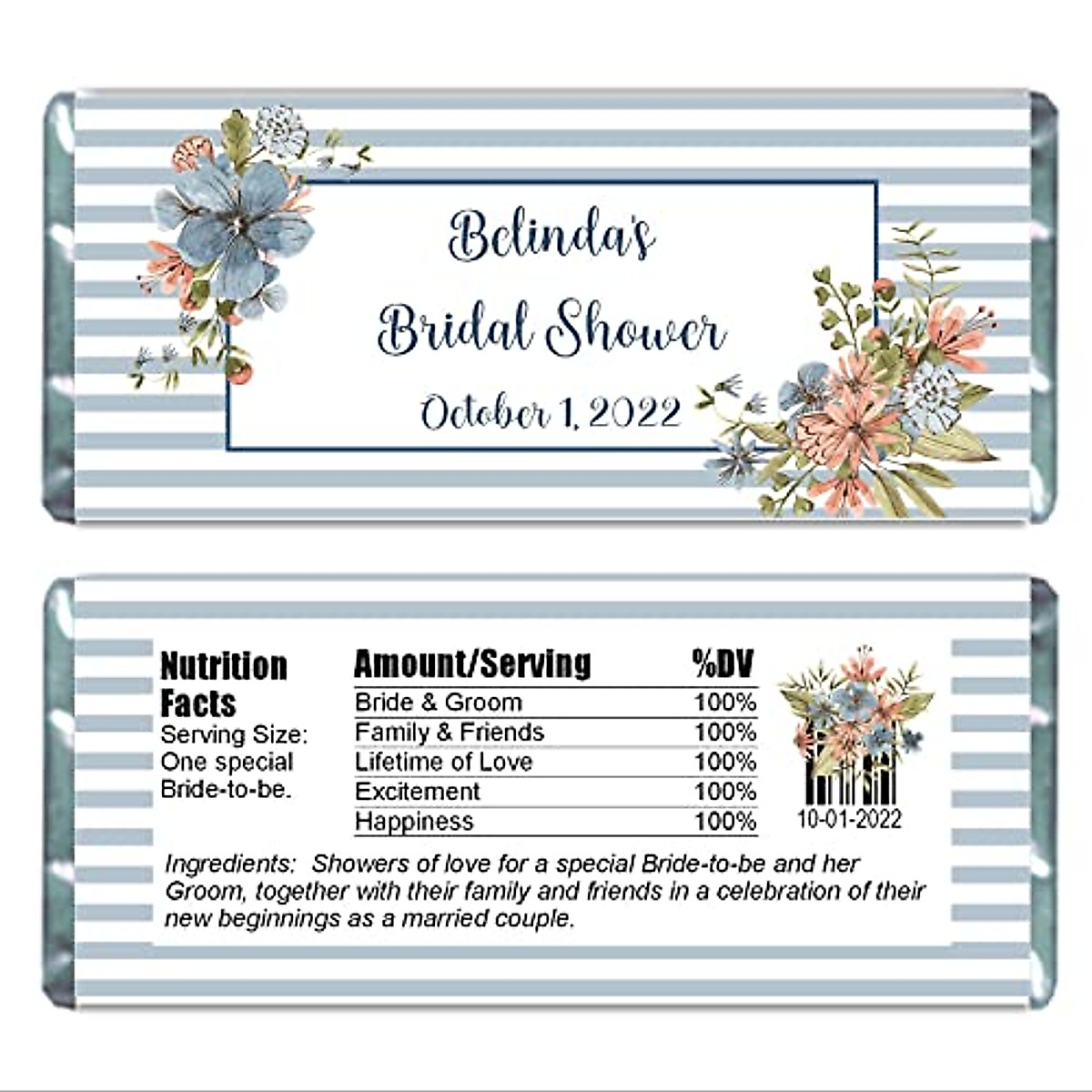 Rustic Floral Personalized Candy Bar Wrappers for Chocolate, Birthday Party Favors, Hershey Bar Labels, Pack of 20