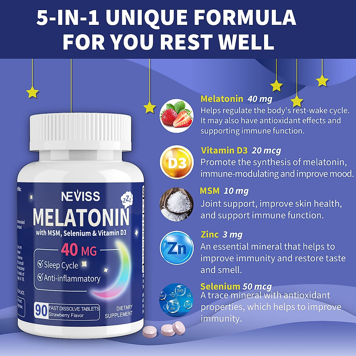 Melatonin 40 mg for Adults - Fast Dissolve & Chewable Sublingual Sleep Supplement - Extra Strength Melatonin with Vitamin D3 & MSM, Selenium for Health Rest Cycle, Deep Zzzs, Sugar-Free, 180 Servings