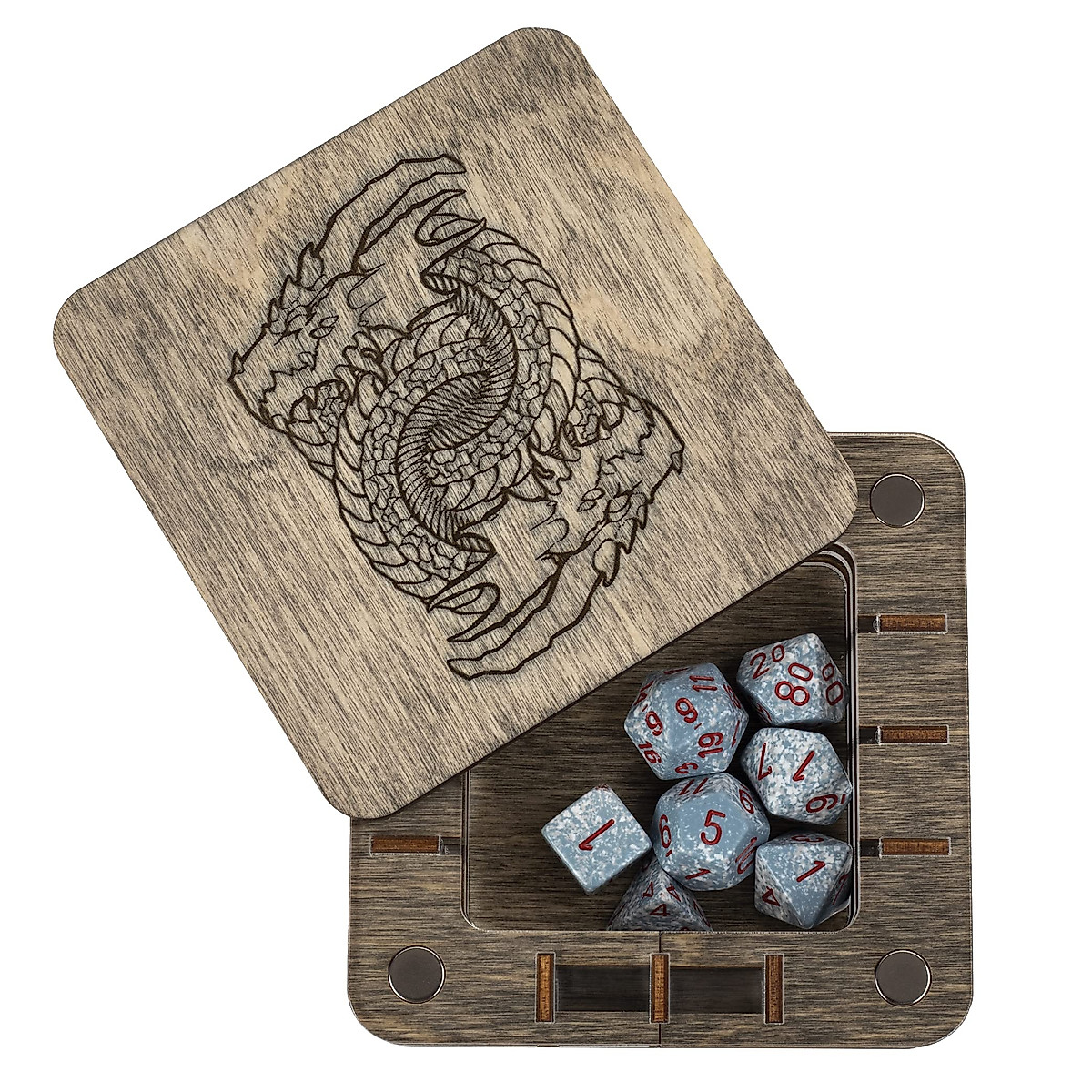 SMONEX Dice Box - Dice Storage Box with Magnetic Lid Suitable for Dungeons and Dragons - Engraved Wooden Box Ideal as DND Gifts and Gifts for Other RPG
