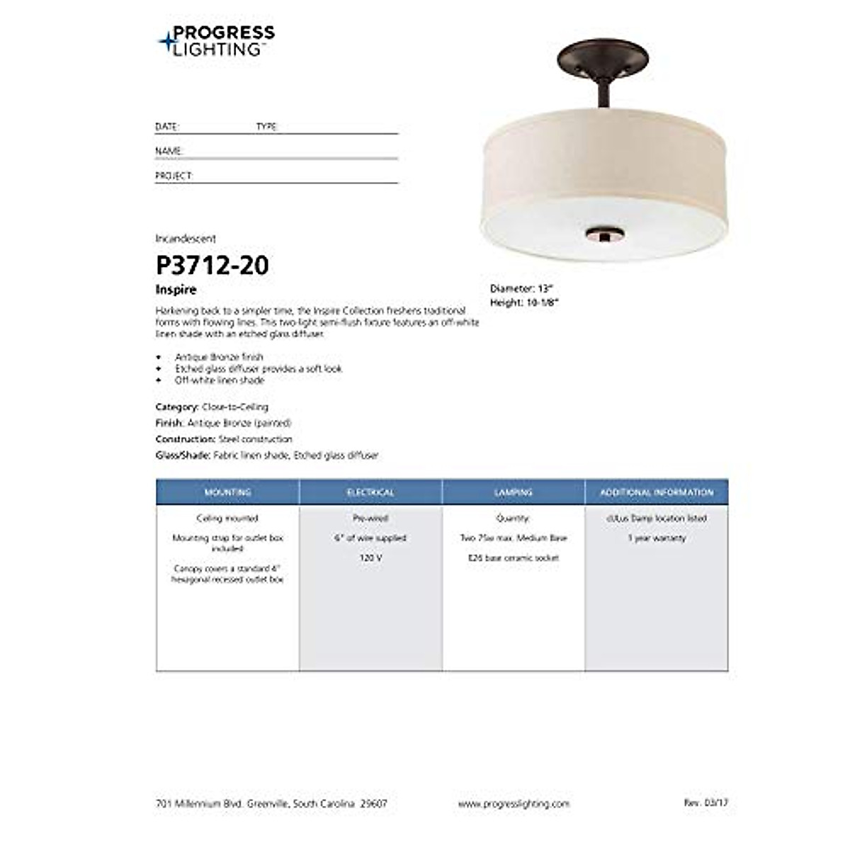 Progress Lighting P3712-20 Inspire Close-to-Ceiling, 13” diameter|10-1/8” height, Off-White Linen shade, Antique Bronze