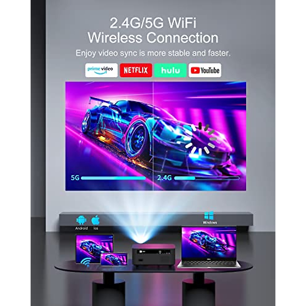 1080P Full HD Projector, 15000 Lumens Portable Movie Projector, FunFlix 300" WiFi Projector Bluetooth Projector, Home Theater Video Projector Compatible with HDMI, VGA, USB, AV, Laptop, Smartphone