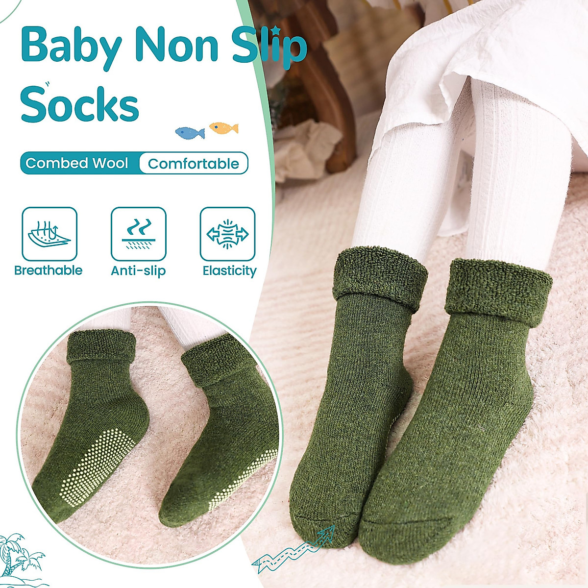 6 Pairs Baby Boy Girl Non Slip Socks Child Toddler Winter Thick Soft Wool Kids Warm Socks with Grips (Solid Color B, 1-3T)