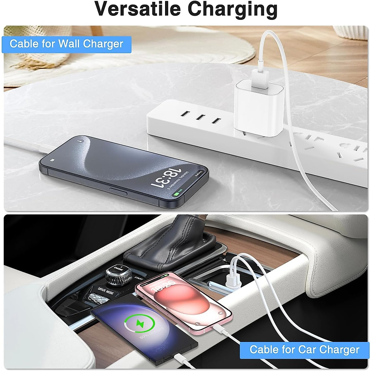 Car Carplay Cable for Apple iPhone 15 15 Pro Max Car Charger,Apple USB A to USB C Cable 3/6ft for Car Charger Adapter,Carplay USB C Cord Fast Charging for iPhone 15,15 Pro,15 Plus,iPad Pro(Black)