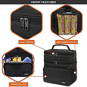 opux Insulated Lunch Bag for Men Women, Large Dual Compartment Cooler Bag, Soft Two Deck Lunch Box for Work School Picnic, Leakproof Lunch Tote with Shoulder Strap for Kid Adult (Black, Double Deck)