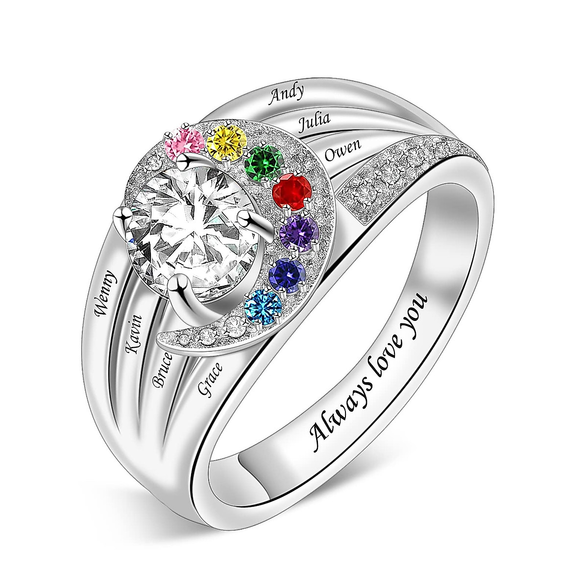 BAUMA AUTO Sterling Silver Personalized Mothers Ring with 1-8 Simulated Birthstones Engraving Family Name Ring for Mother Grandma
