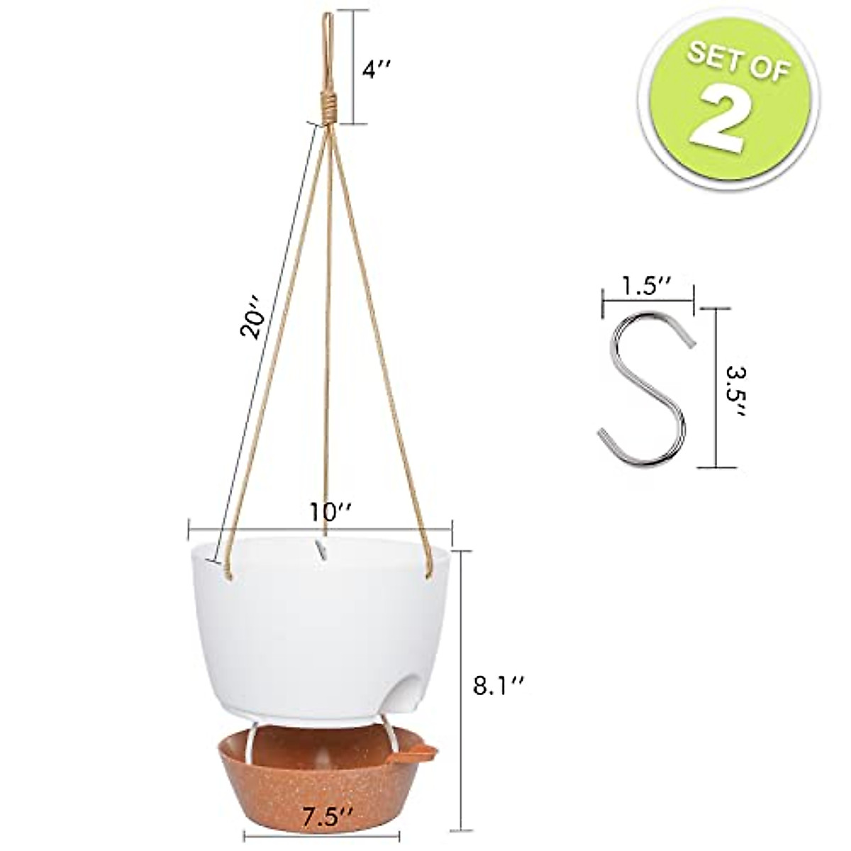 SwinDuck 10 Inch Self Watering Hanging Pots, 2 Pack Hanging Planters with 40oZ Deep Reservior for Indoor Outdoor Plants Flowers, White with Brown