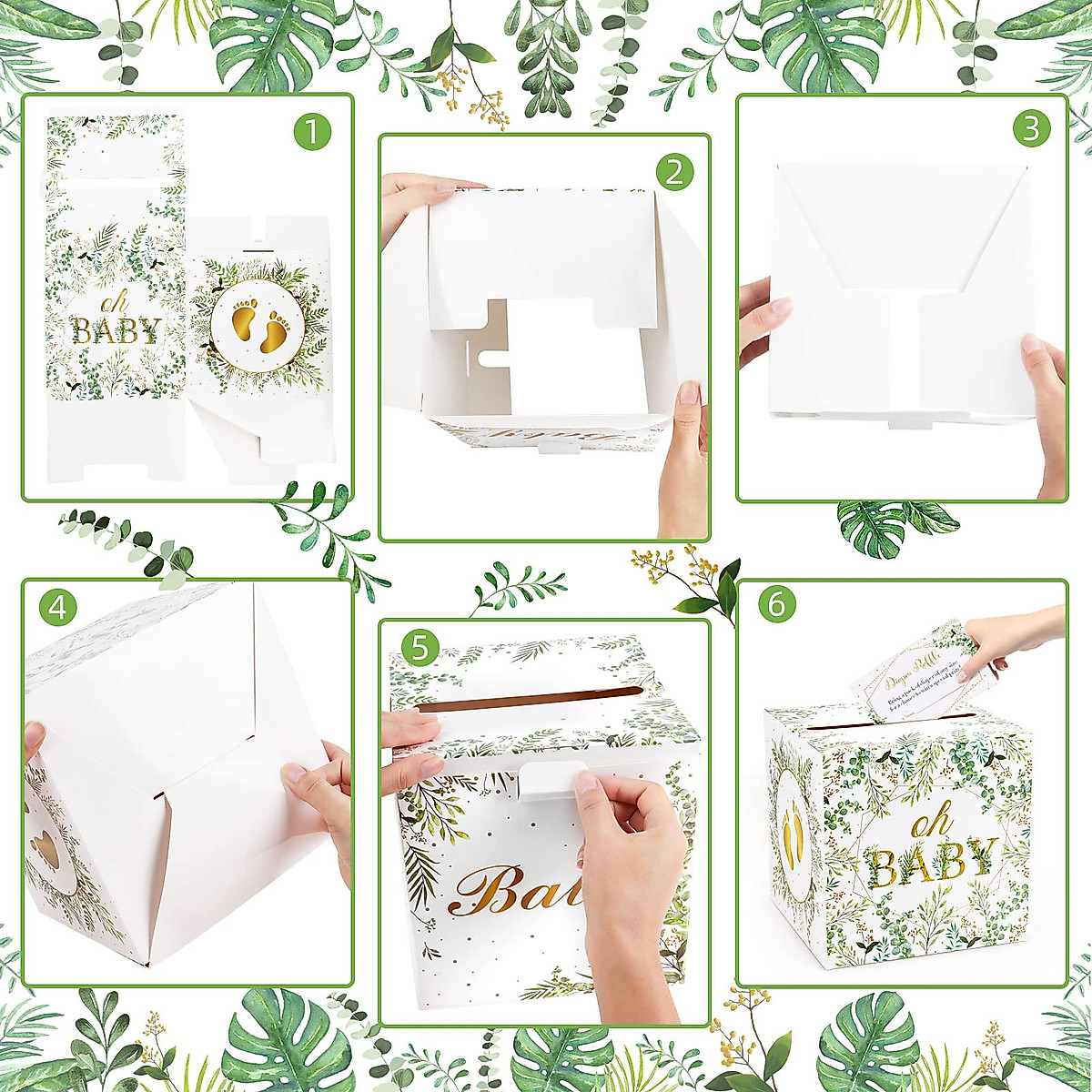 Eaezerav 50 Pcs Greenery Diaper Raffle Tickets with Diaper Raffle Box Baby Shower Card Holder Box Diaper Raffle Insert Ticket for Greeney Baby Shower Decorations Raffle Party Game