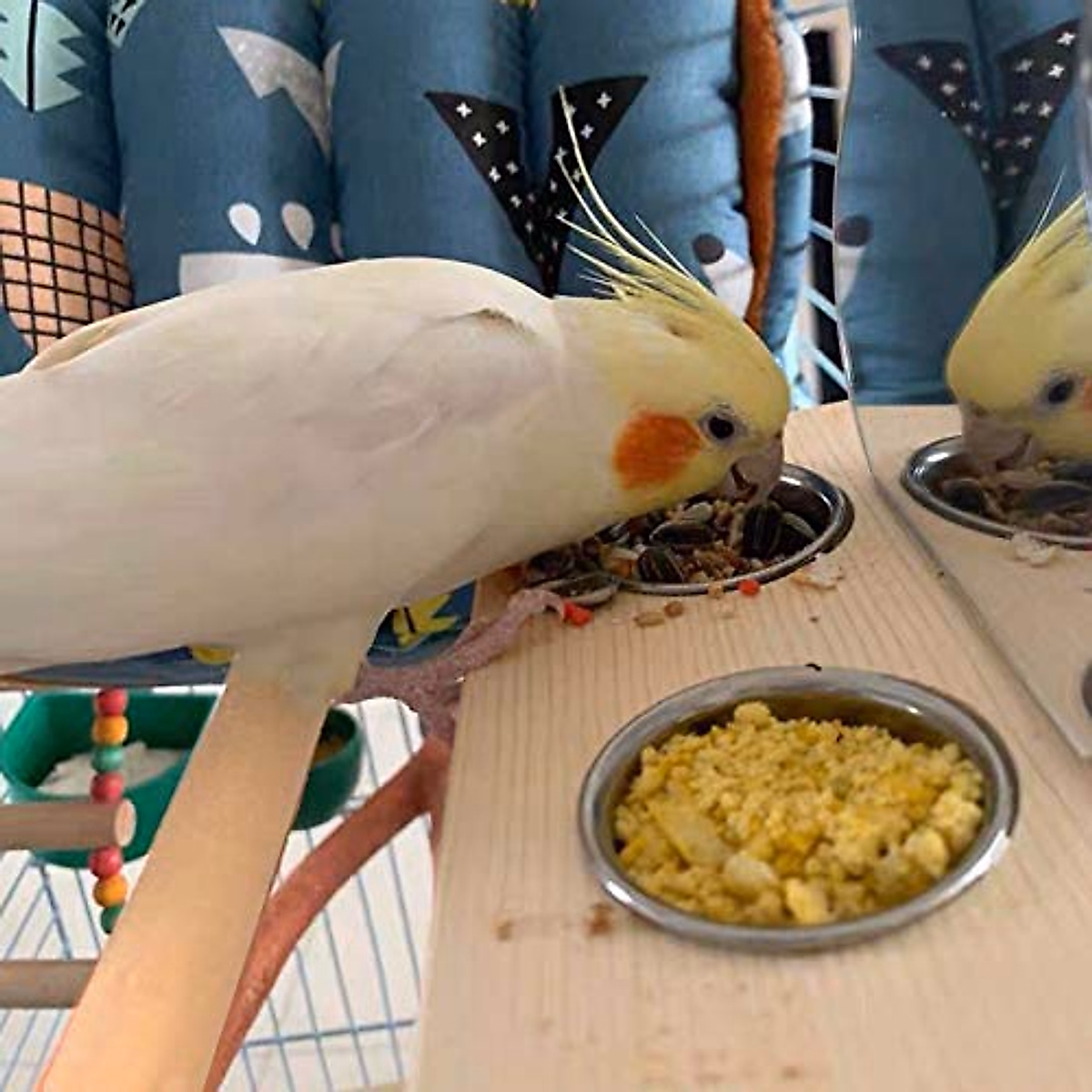 Hamiledyi Parrot Mirror Toy with Stainless Steel Feeding Cups Bird Wooden Frames with Cage Perch for Macaw African Greys Budgies Parakeet Cockatiels Conure Lovebird Finch