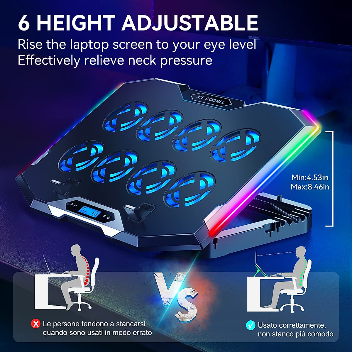 ICE COOREL Gaming Laptop Cooling Pad with 8 Cooling Fans, Laptop Fan Cooling Pad for Laptop 15-17.3 Inch, RGB Laptop Cooler Stand with 6 Height Adjustable, Two USB Port, Phone Stand