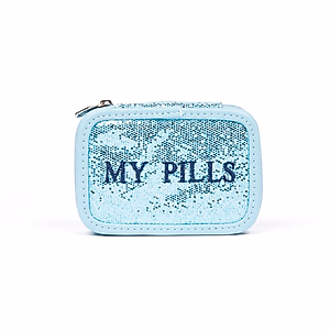 MIAMICA Women's Zippered Pill Case 8-Day Removable Plastic Organizer, 3.50'' x 4.25'' x 1.30'', Weekly Medicine Box Compact Design, Blue Glitter