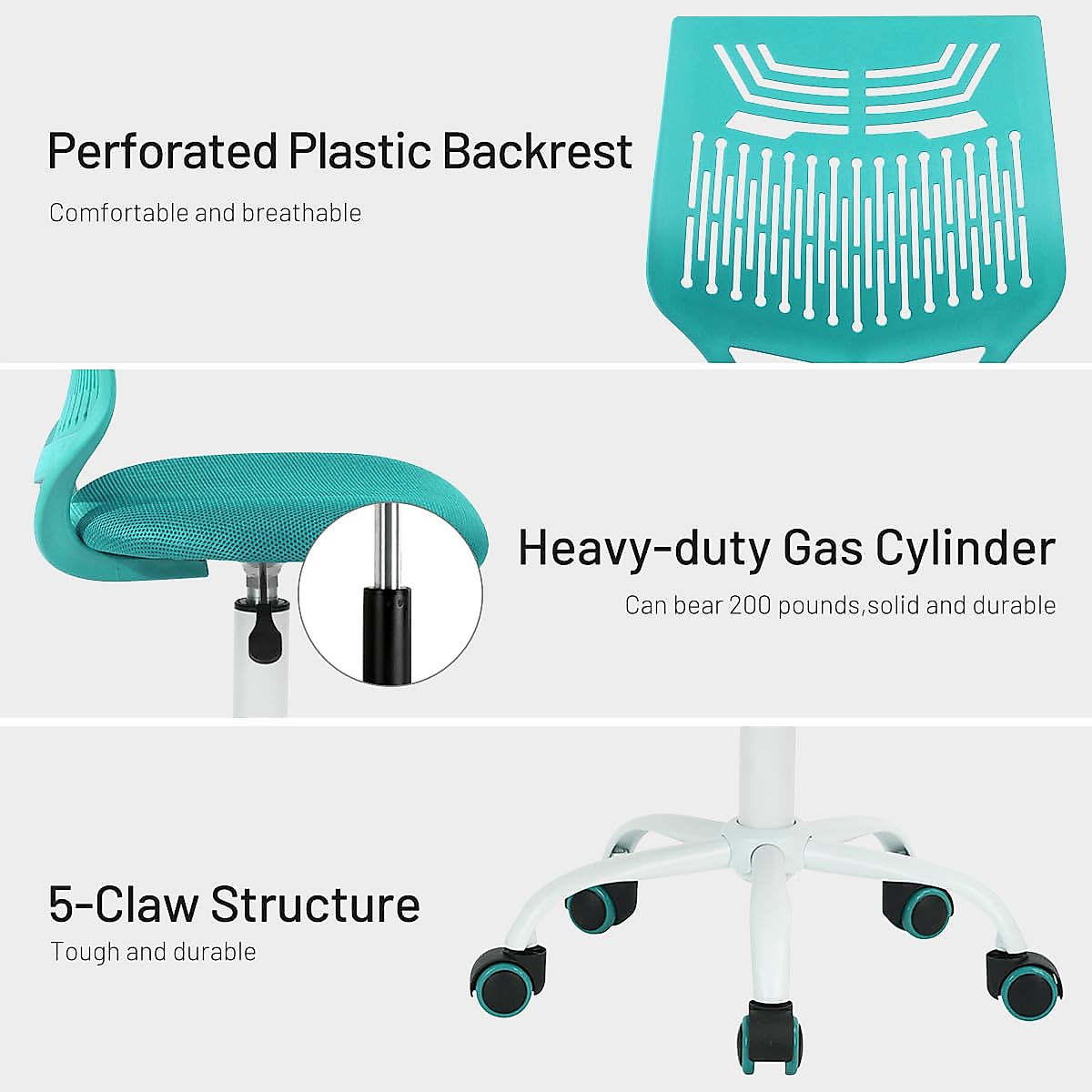 FurnitureR Desk Chair Armless Home Office Task Chair with Mesh Padded Cushion Swivel Study Chair with Rolling Wheels for Kids Teens Children, Turquoise