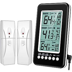 (Upgraded Version) AMIR Refrigerator Thermometer, Wireless Digital Freezer Thermometer with 2 Sensors, Indoor Outdoor Thermometer with Audible Alarm Temperature Gauge for Freezer Kitchen Home