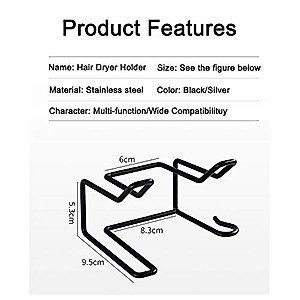 Wall Mounted Hair Dryer Holder, No Drilling, Stainless Steel Hair Dryer Storage Organizer, Compatible with Most Hair Dryers (Silver)