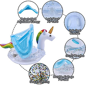 Unicorn Baby Swimming Pool Float with Canopy, Glitters, Seat & Safety Handle, 2024 Summer Baby Floats for Pool, Inflatable Baby floaties for 8-36 Months Toddler Boy Girl Summer Outdoor Party Favor