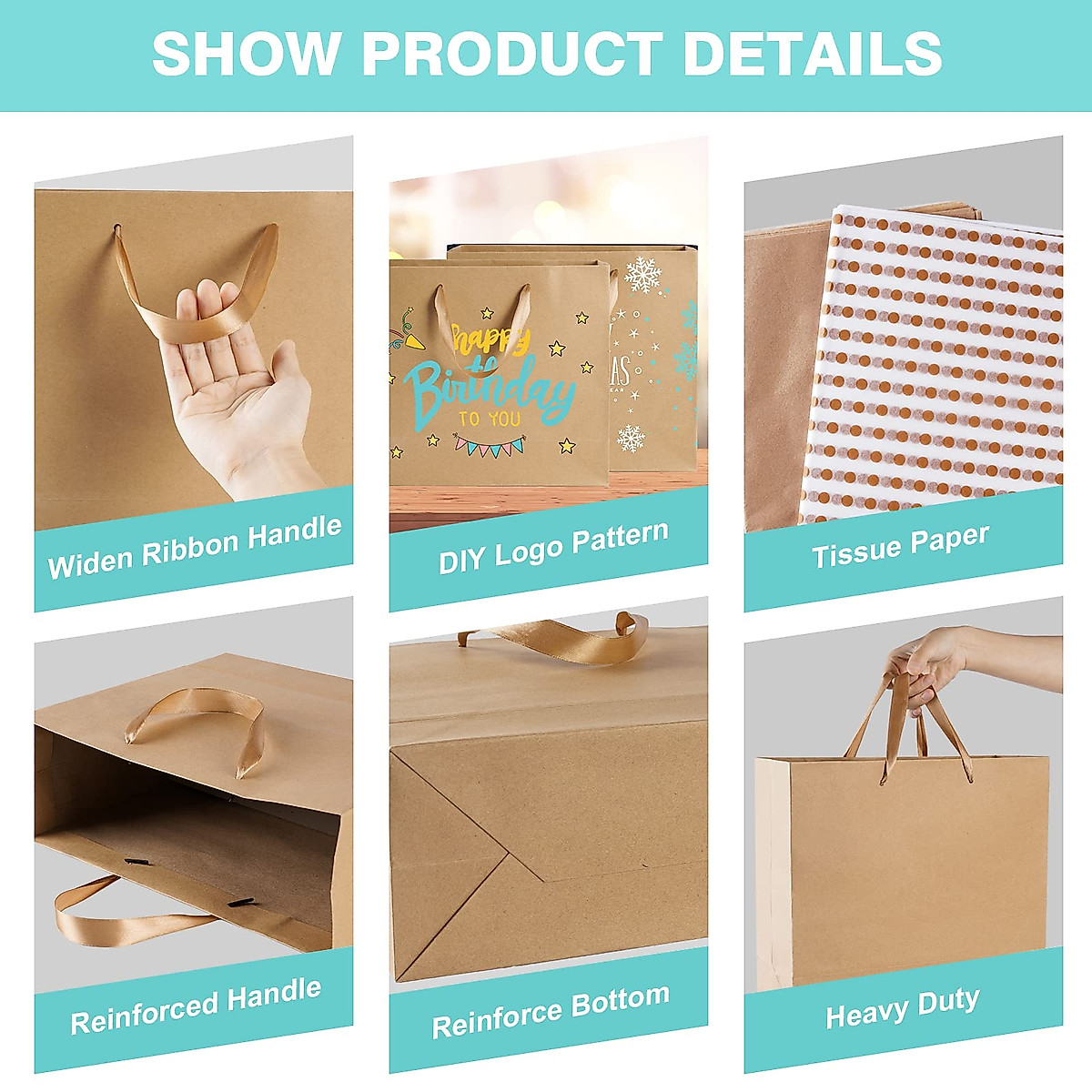 12 Pack Kraft Paper Bags, Large Gift Bags with Tissue Paper, Brown Paper Gift Bags with Ribbon Handles for Shopping, Small Business, Bridal Party, Wedding, Christmas and Holiday (12.5” x4.5” x11”)