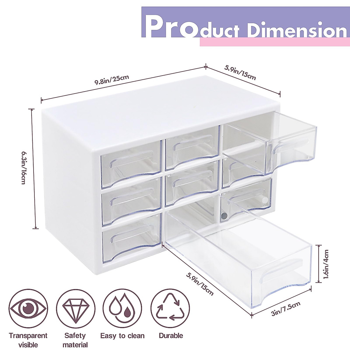 FODIENS Desk Storage Organizer with 9 Drawers, Stackable Desktop Craft Drawer Cabinet, Clear Storage Box Caddy for Makeup Jewelry Office Craft Supplies (9.84×6.3×5.9in)