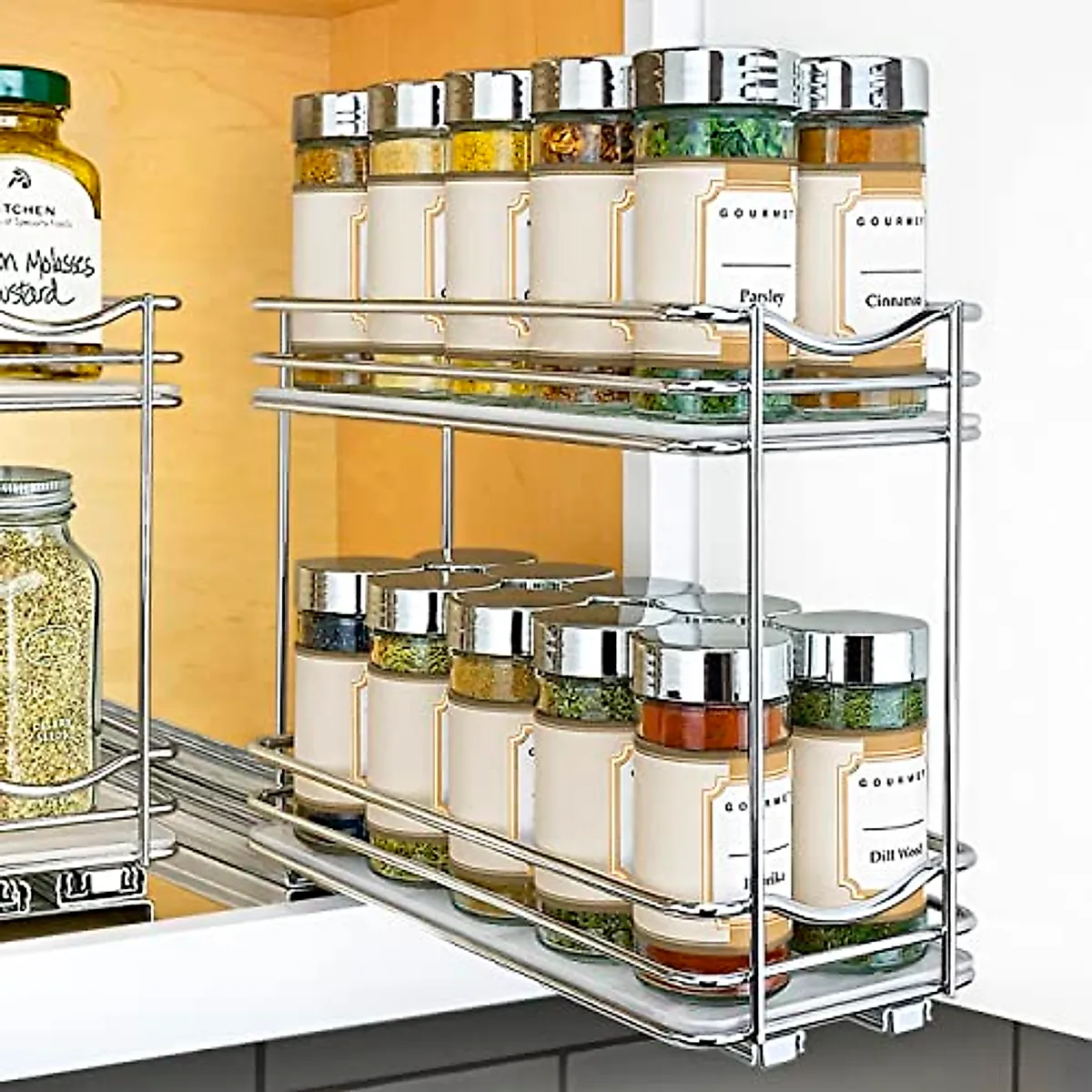 Lynk Professional® Pull Out Spice Rack Organizer for Cabinet - Slide Out Vertical Spice Rack - 4-1/4 inch Wide Sliding Spice Organizer Shelf - Double, Chrome