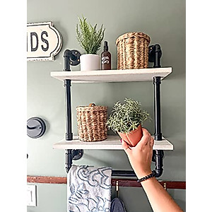 Industrial Bathroom Shelf w/Pipe Towel Bar – Farmhouse Towel Rack Made of Paulownia Wood and Cast Iron, Pipe Rack in Black Matte – Wall Mount Hand Towel Holder for Rustic Décor w/ 2-Tier Shelf