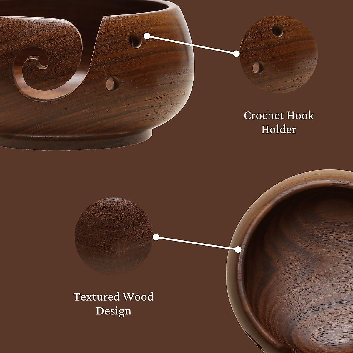 Vriksha Kraft Yarn Bowl with Crochet Hook Holder (7x4) – Wooden Large Knitting Bowl for Yarn – Free Pouch Bag – Knitting Gifts for Women and Knitters