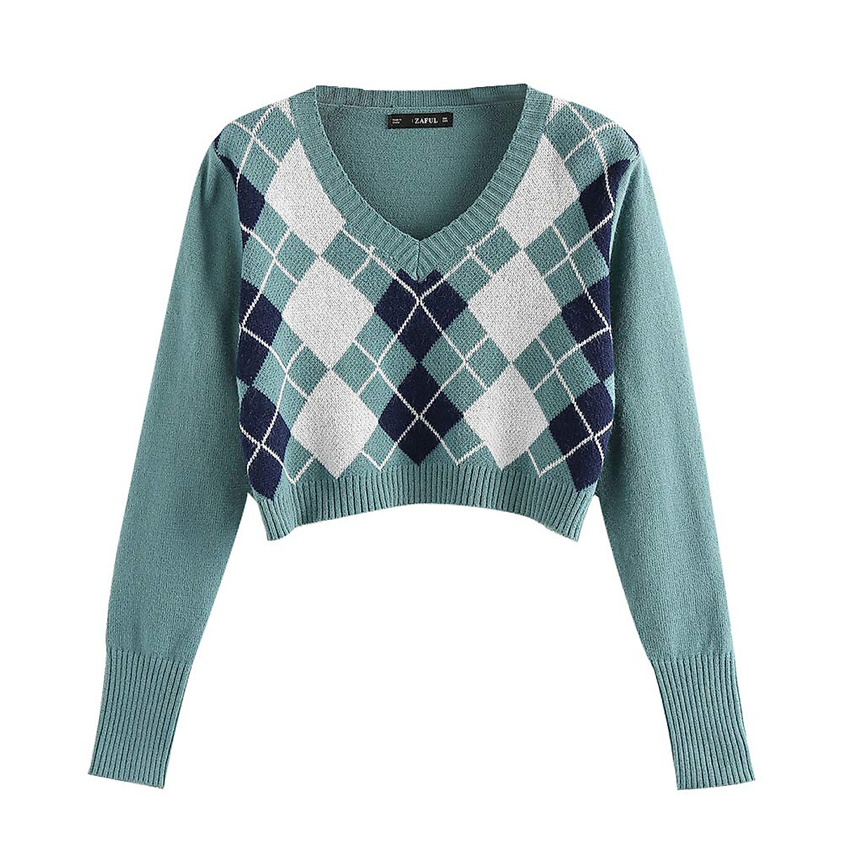 ZAFUL Women's Sweaters Long Sleeve V-Neck Argyle Knitted Crop Sweater Pullover Tops Green