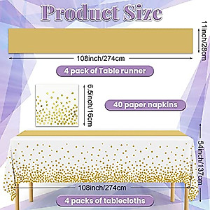 4 Pack Disposable Plastic Gold Tablecloths 54"X108" and 4 Pack Satin Table Runner 12"x 108" with 40 PCS Dinner Paper for Wedding Birthday Valentine’s Day Graduation Baby Shower Holiday