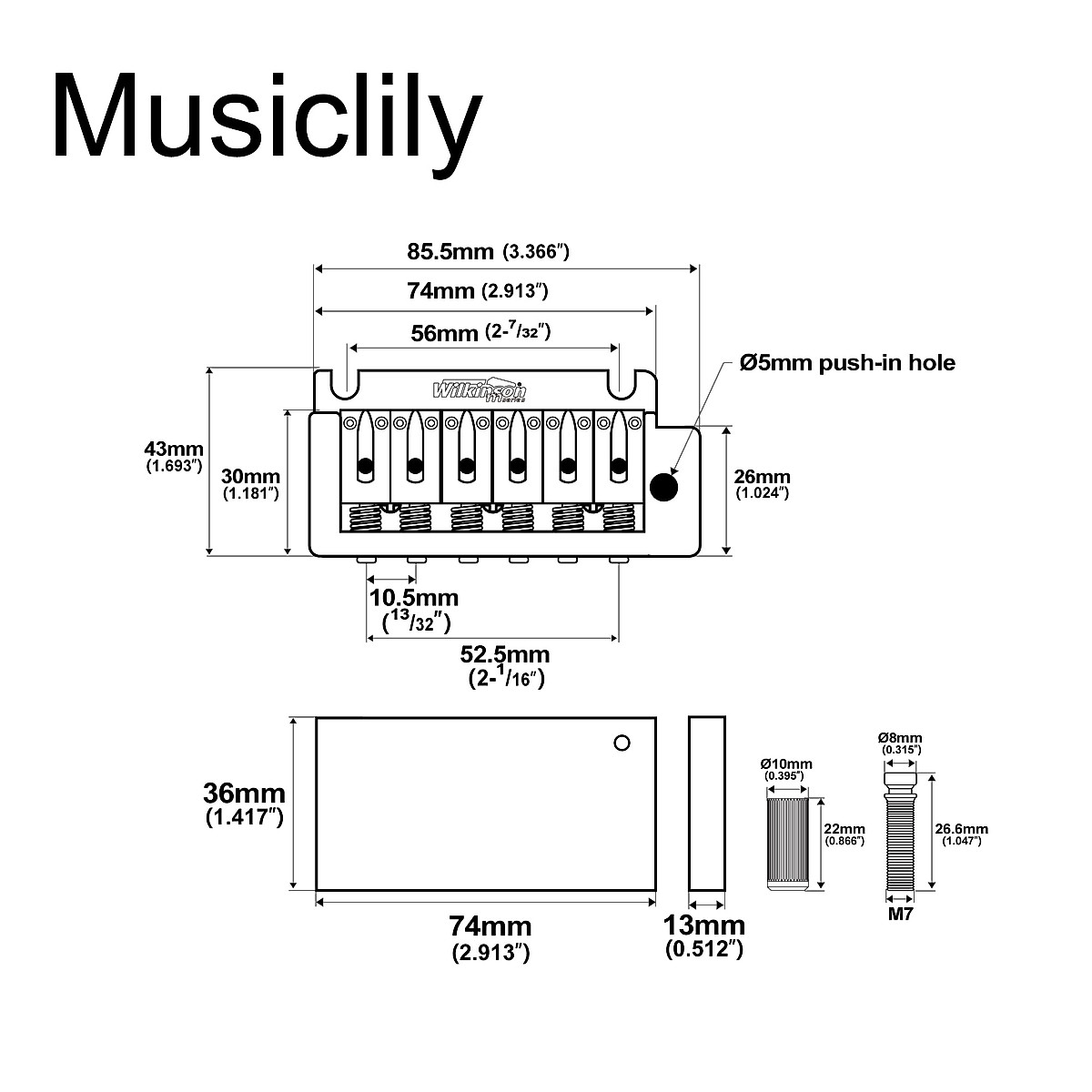 Wilkinson 52.5mm (2-1/16 inch) Full Block ST Guitar Tremolo Bridge Pop-In Arm 2-Point for American Standard or Professional Fender Strat, Chrome
