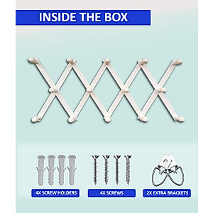 LENOX BOSS Accordion Wall Hanger, Expandable Coat Rack Wall Mounted, Wood Wall Accordion Hook Rack- Accordion Hat Rack for Coffee Mugs, Jackets, Purses, Scarfs, Non-Slip 14 peg Hooks White