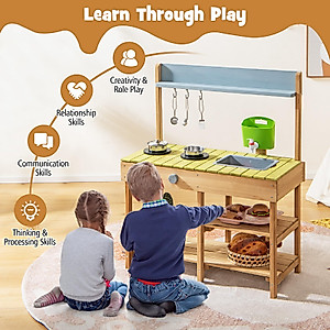 Costzon Wooden Kids Play Kitchen, Outdoor Mud Kitchen with Removable Sink, Water Box & Faucet, Stove Top, Storage Shelves, Fun Backyard Pretend Kitchen Playset for Boys Girls 3+ (Green)