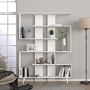 DORPEK Pillar Bookcase White,S- Shaped 5- Tier Tall Bookshelf, Etagere Bookcase with Plastik Legs and Open Shelves, Floor Standing Unit, Storage Shelving for Living Room, Bedroom and Home Office