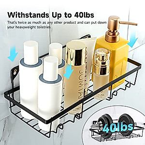 DENGFO Shower Caddy with Hooks, Shower Storage Organizer, Traceless Self Adhesive Shower Shelves, Wall-Mounted Black Shower Rack with 2 Soap Holders